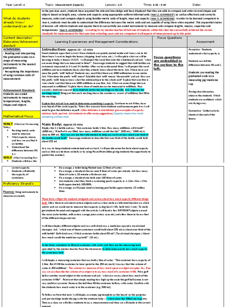 Year 4 Capacity Measurement Lesson | PDF | Litre | Measurement
