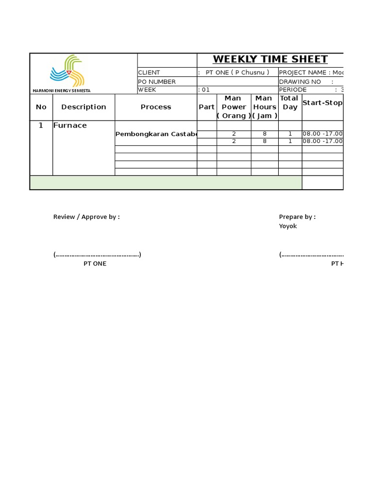 Weekly Time Sheet for Modification Plant Project from December 31, 2018 ...