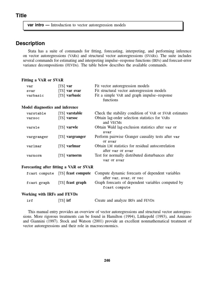 Stata Var Intro Introduction To Vector Auto Regression Models Pdf Vector Autoregression