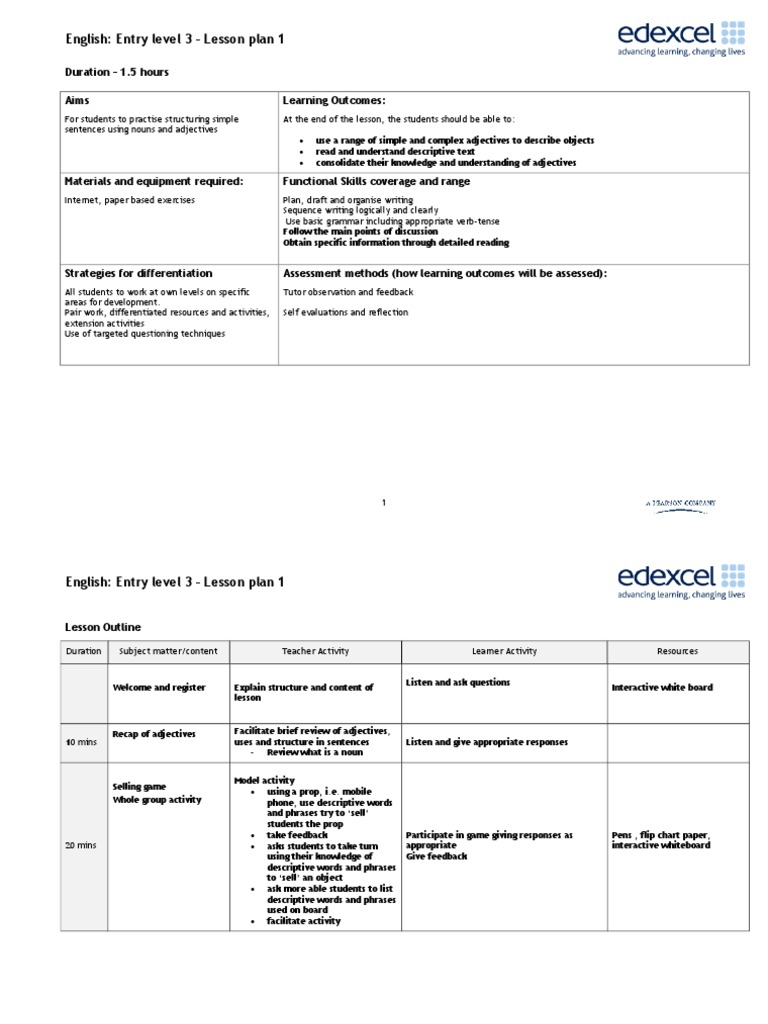 English: Entry Level 3 - Lesson Plan 1: Duration - 1.5 Hours Aims ...