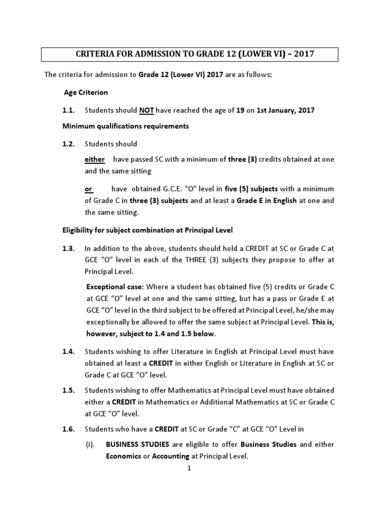 Criteria For Admission To Grade 12 - 2017 | PDF | Qualifications ...