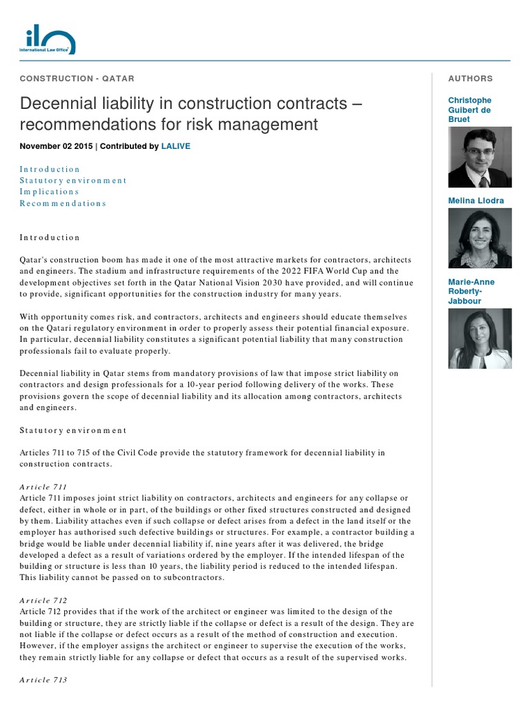 Decennial Liability in Construction Contracts - Recommendations For ...