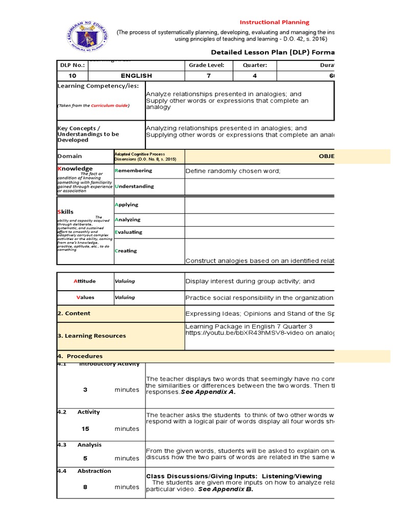 English 7 Detailed Lesson Plan on Analogies | PDF | Analogy | Learning
