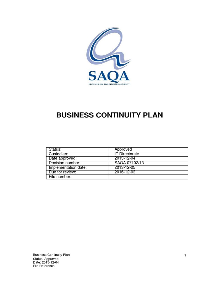 Saqa BCP December 2013 | Download Free PDF | Backup | Risk Management