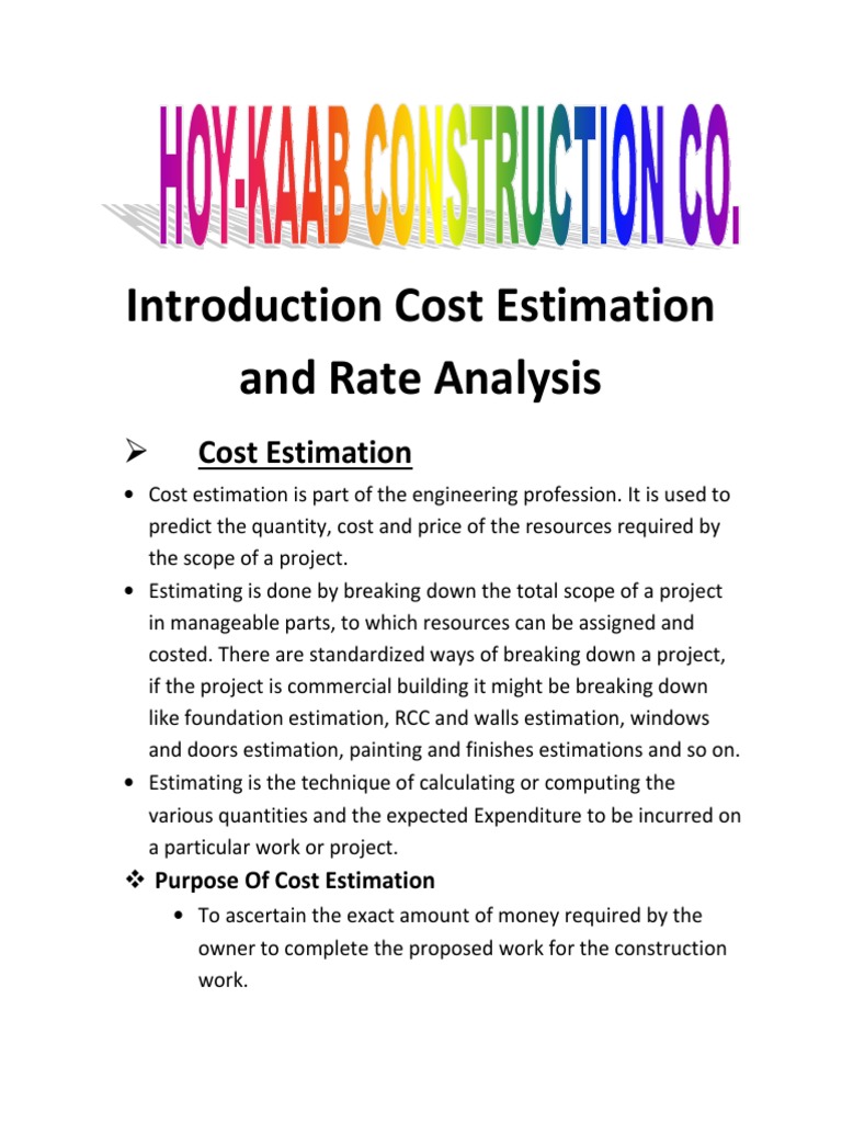 Introduction Cost Estimation and Rate Analysis | PDF | Cost | Economies