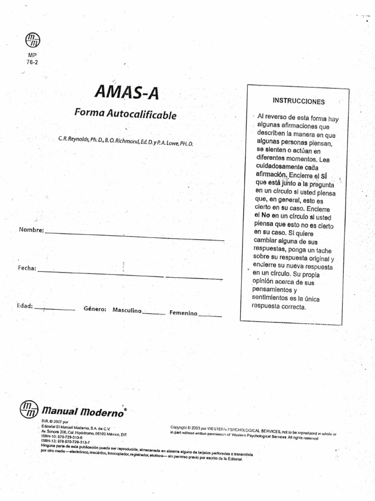 AMAS-A Cuestionario y Forma Autocalificable | PDF