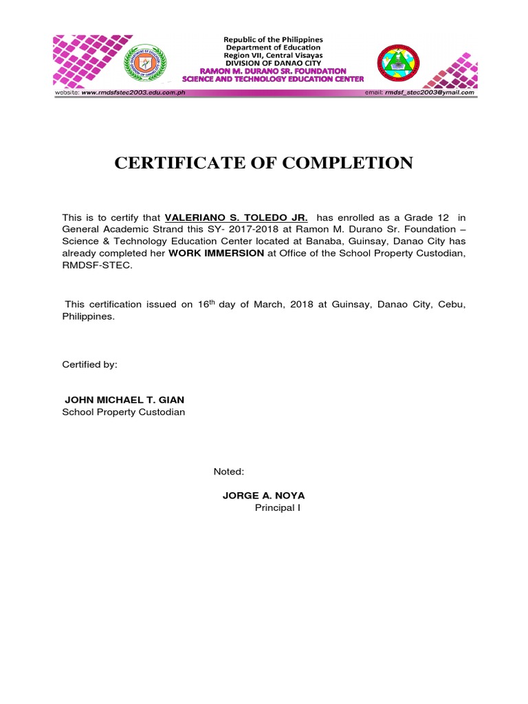 Work Immersion Certificate 2018 | PDF