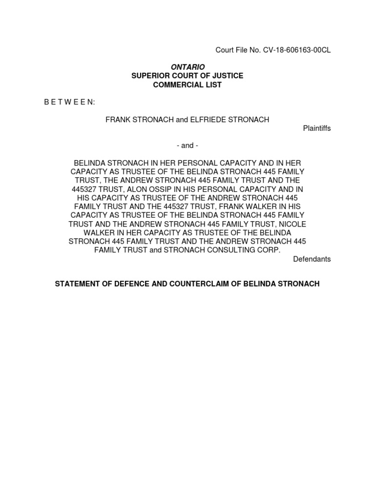 Statement of Defence and Counterclaim of Belinda Stronach | PDF | Trust ...