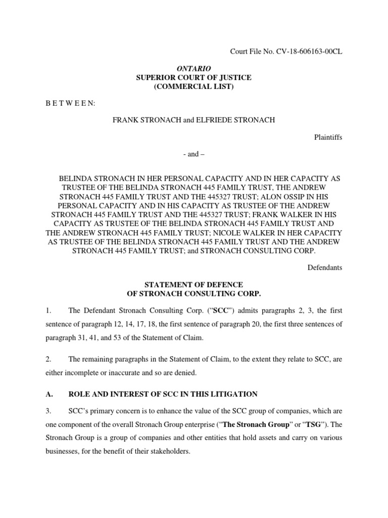 Statement of Defence of Stronach Consulting Corp. | Trust Law | Business