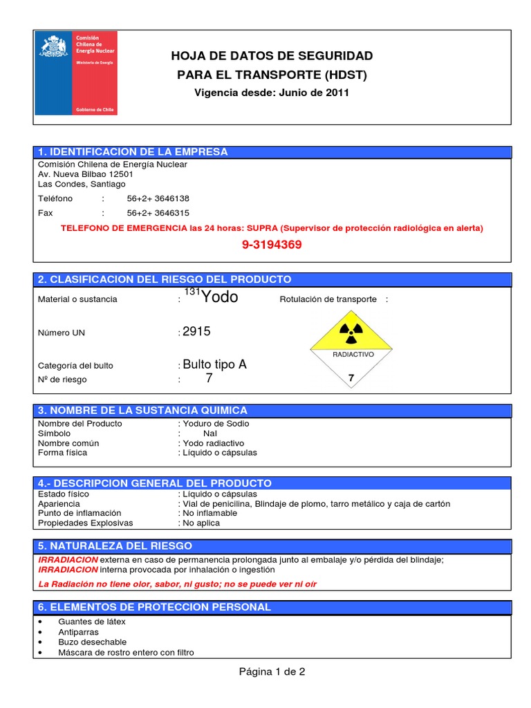 Hoja de Seguridad del Yodo Radiactivo 131 | PDF | Desintegración ...