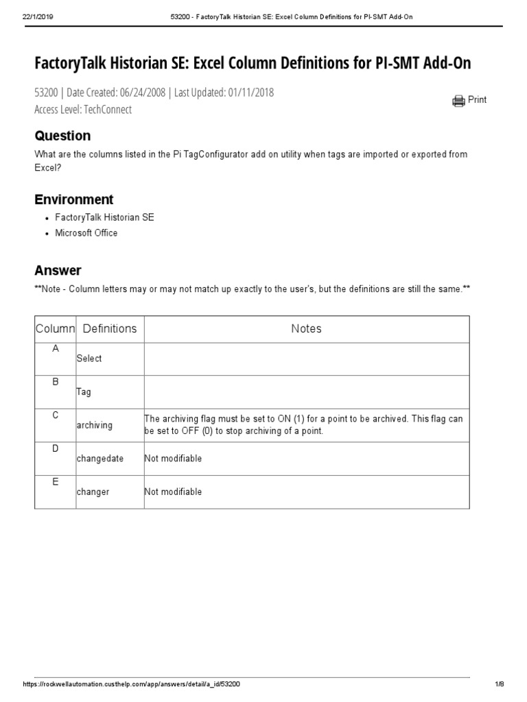 FactoryTalk Historian SE - Excel Column Definitions For PI-SMT Add-On | PDF | Data Compression ...