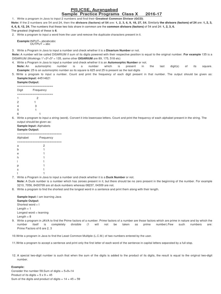 PIS, ICSE, Aurangabad Sample Practice Programs Class X 2016-17 | PDF ...