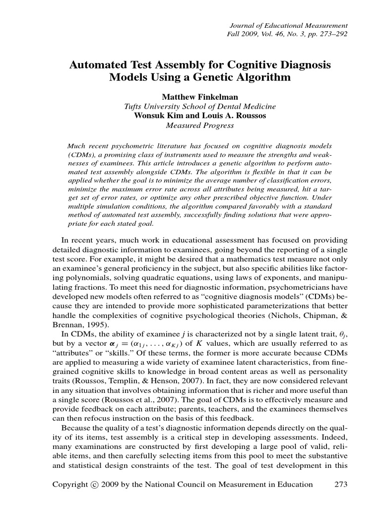 Automated Test Assembly For Cognitive Diagnosis Models Using A Genetic ...