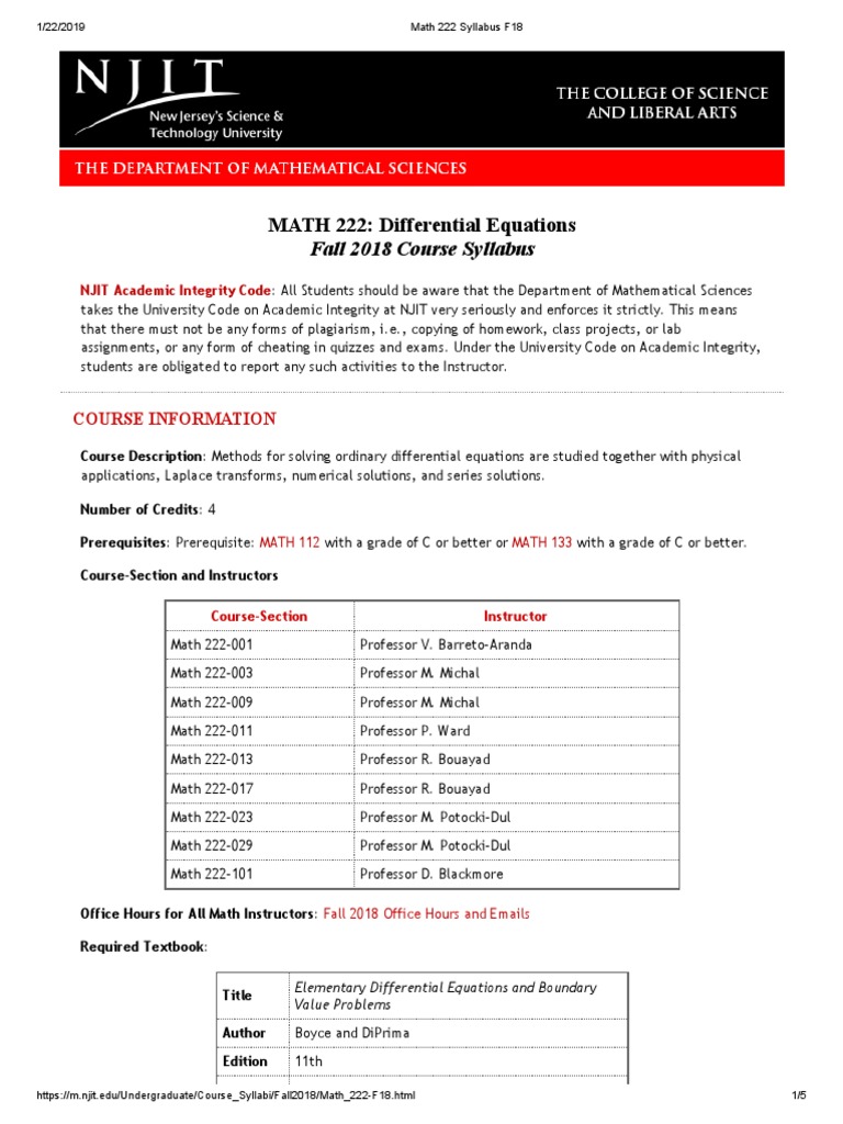 Math 222 Syllabus NJIT | PDF | Ordinary Differential Equation ...