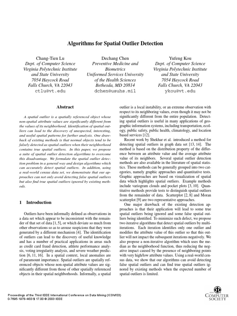 Algorithms For Spatial Outlier Detection: Chang-Tien Lu Dechang Chen ... Algorithms For Spatial Outlier Detection: Chang-Tien Lu Dechang Chen ...