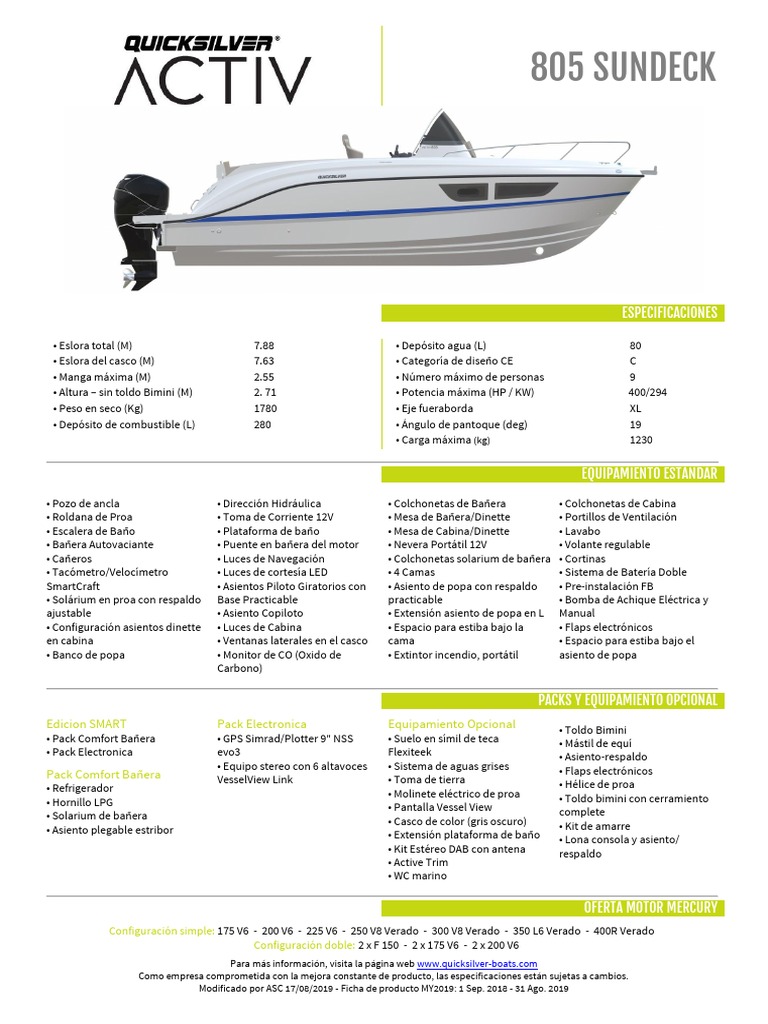 2019 Product-Sheet Quicksilver 805sundeck Es | PDF | Transporte | Science