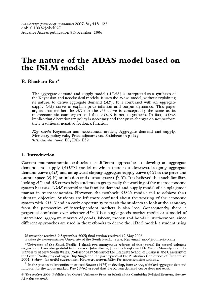 The Nature of The ADAS Model Based On The ISLM Model: B. Bhaskara Rao | PDF | Keynesian ...