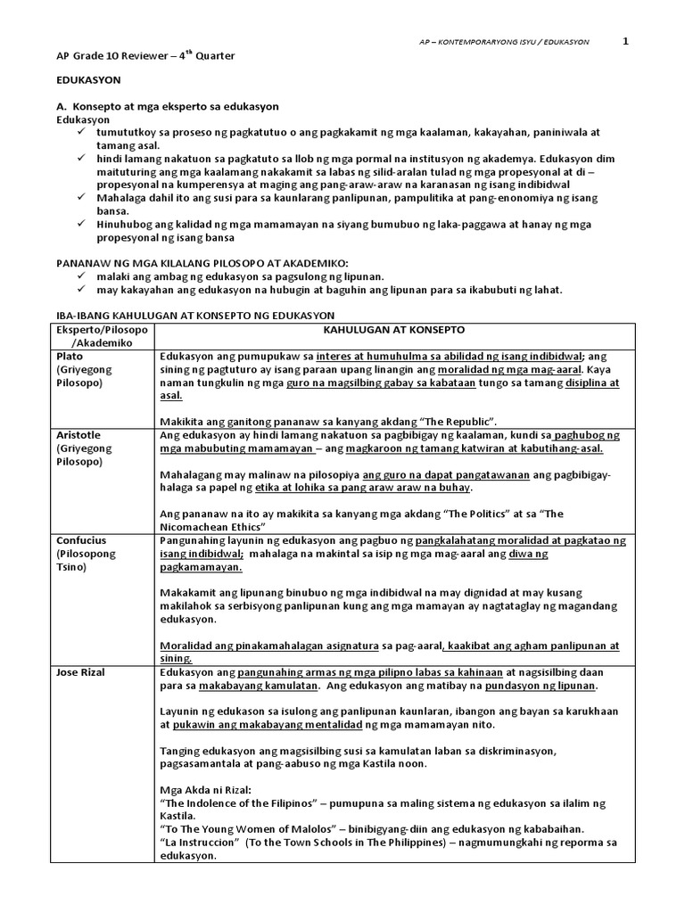AP Grade 10 - Edukasyon - Konsepto4th Quarter | PDF