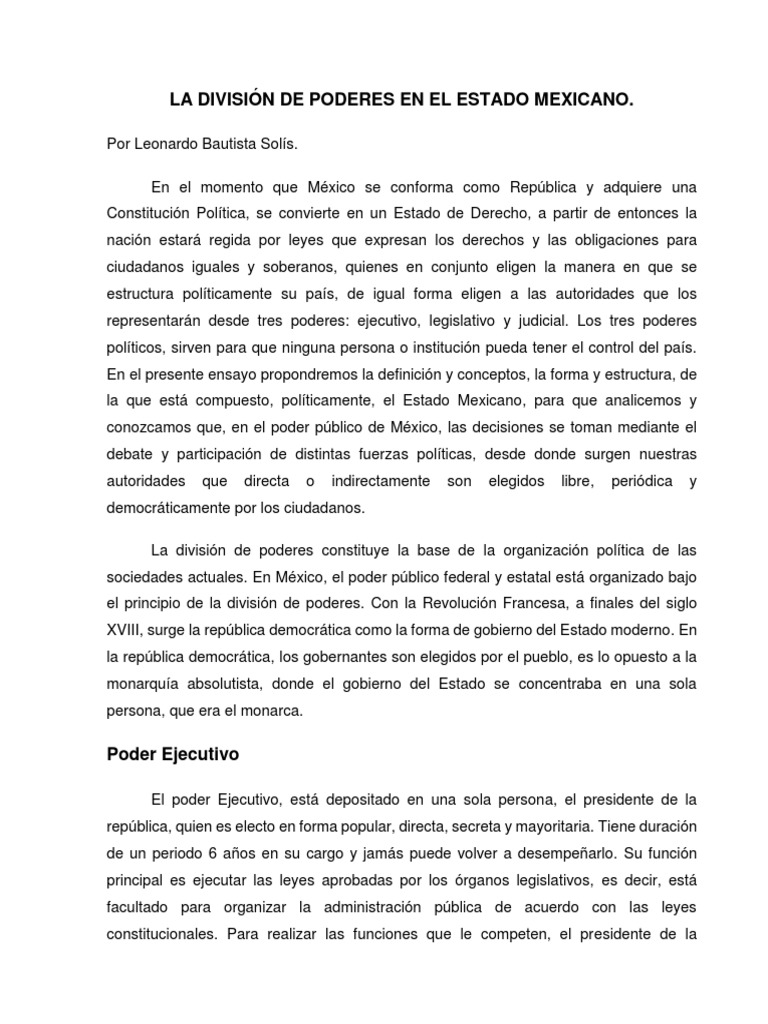 La División de Poderes en El Estado Mexicano | PDF | Separación de ...