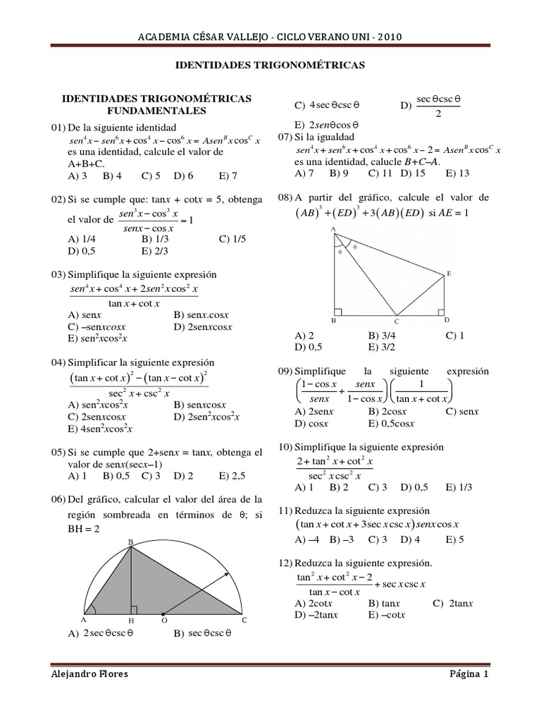 Identidades Trigonométricas CV Verano Uni 2010 | PDF | Geometría del plano euclidiano ...