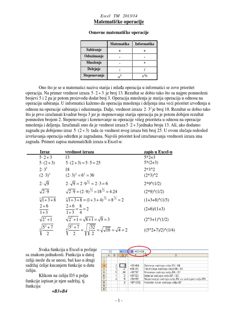 Excel - Cas 05 - Osnovne Matematicke Operacije | PDF