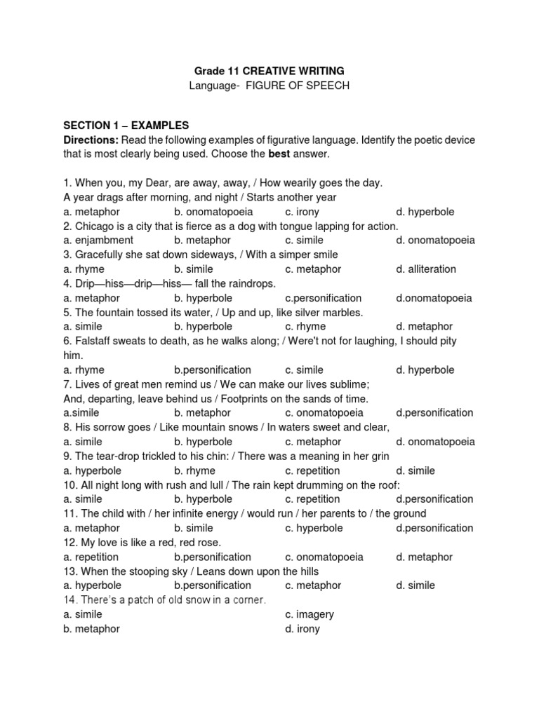 Grade 11 Creative Writing Test Literary Techniques Poetry