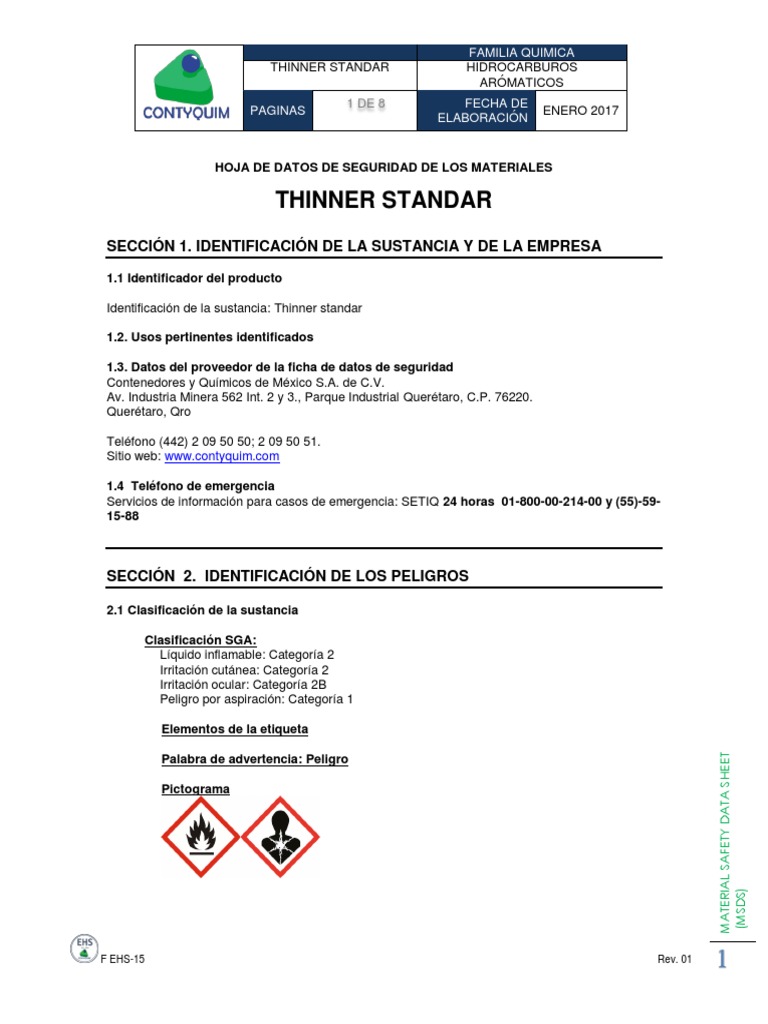 Mezcla de Hidrocarburos Thinner Standar Msds Sga | PDF | Agua | Naturaleza