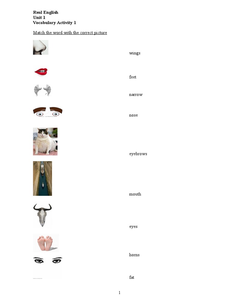 Match The Word With The Correct Picture: Real English Unit 1 Vocabulary ...