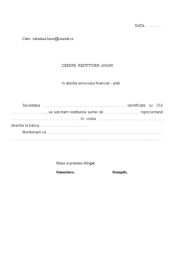 Model Cerere Restituire Avans Clienti