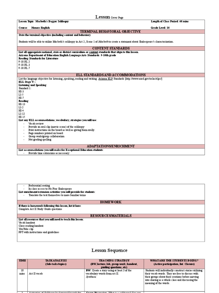 Macbeth Lesson Plan | PDF | Macbeth | Reading Comprehension