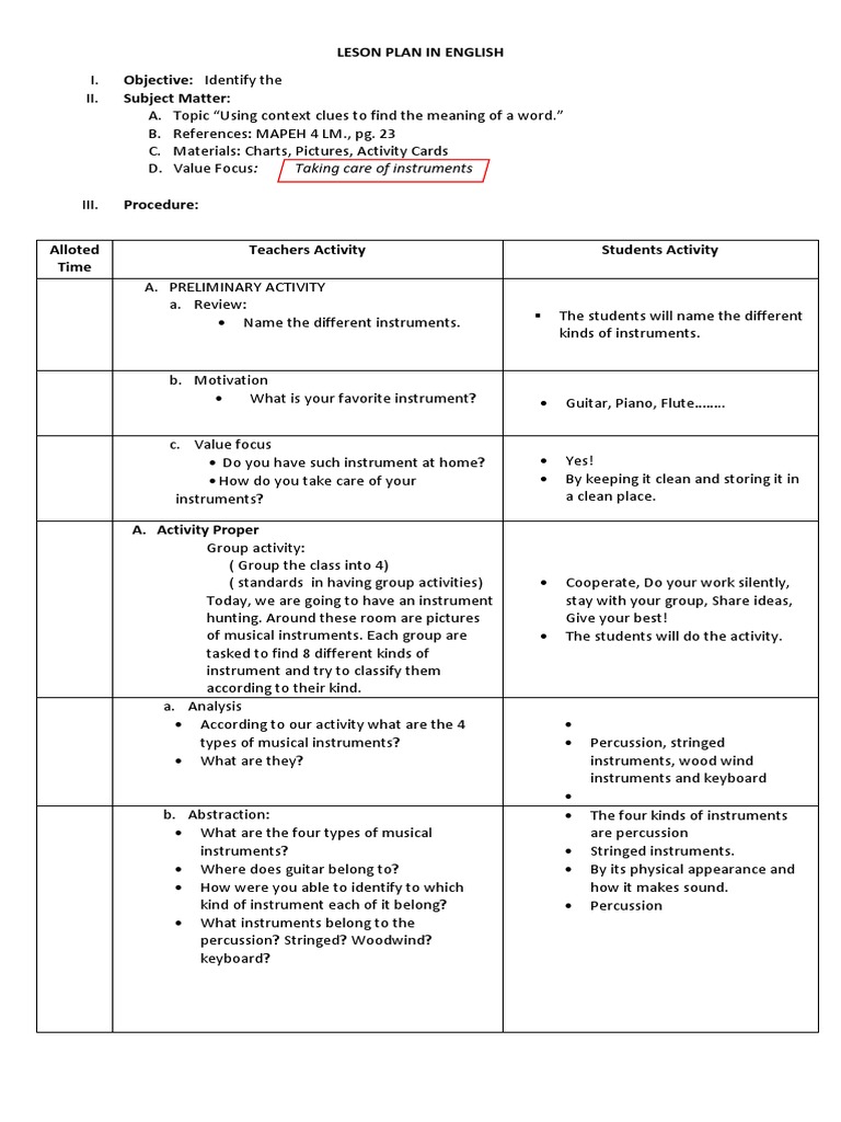 Leson Plan in Music | Download Free PDF | Musical Instruments | Lesson Plan