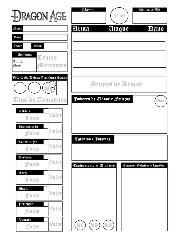Dragon Age RPG - Ficha de Personagem - Biblioteca Élfica | PDF