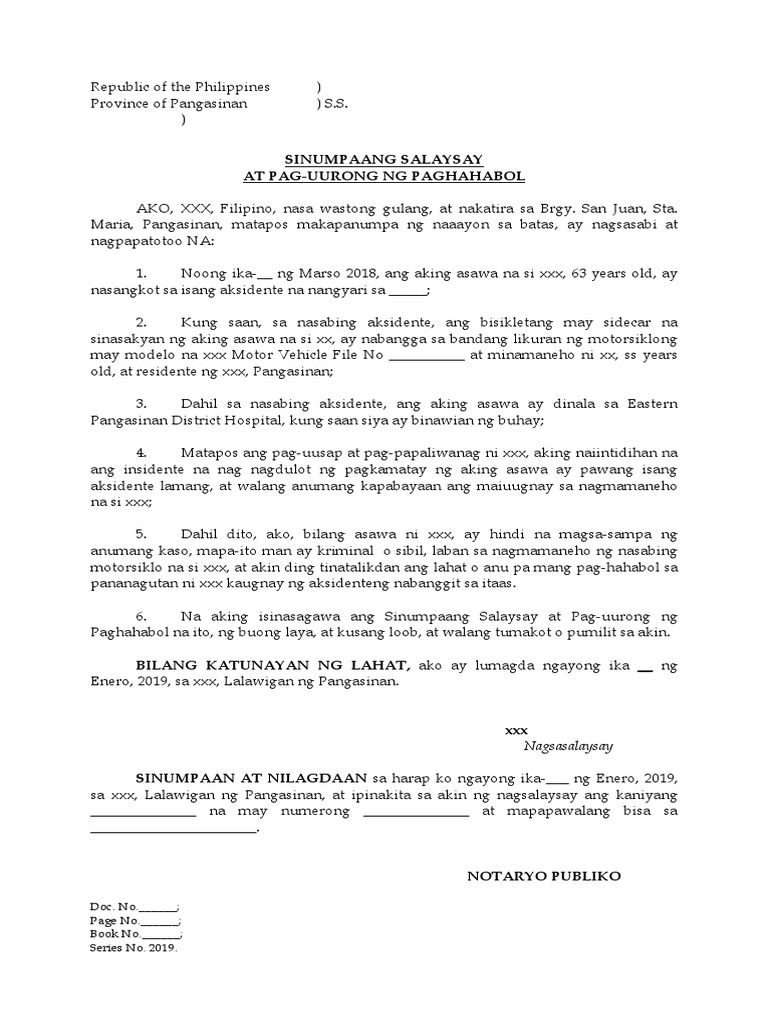 Sample Quitclaim Tagalog Sinumpaang Salaysay at Pagu-Uurong | PDF