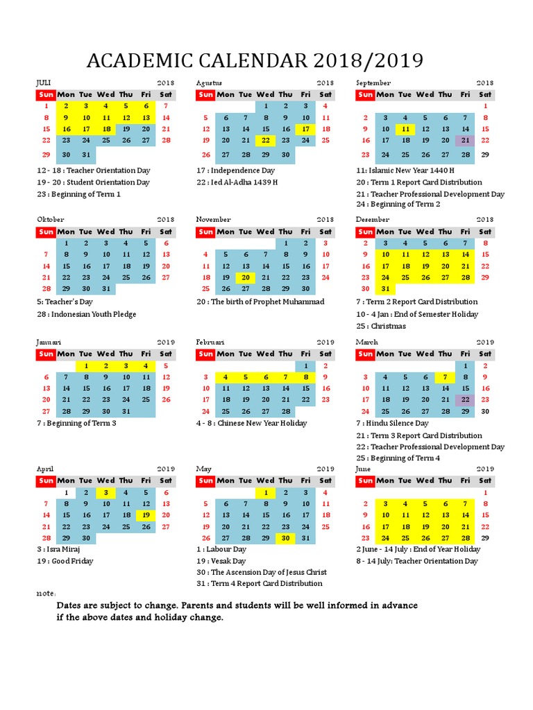 2018-2019 Academic Calendar Overview | PDF | Holidays | Observances