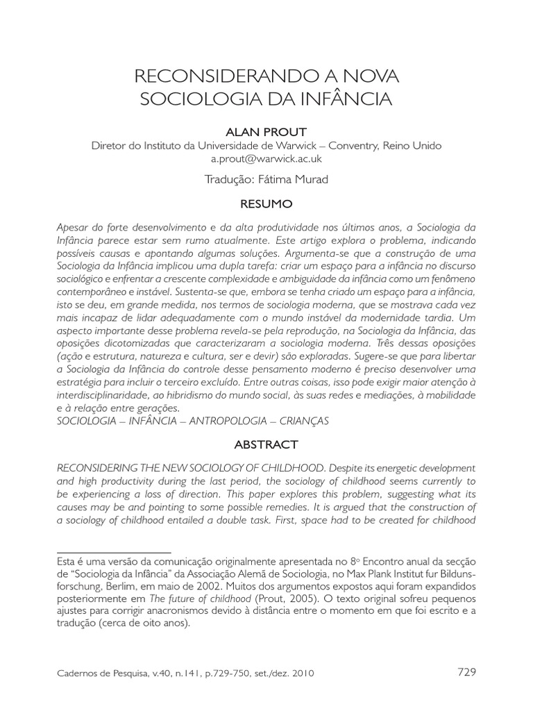 Alan Prout - Sociologia Da Infância PDF | PDF | Sociologia | Humano