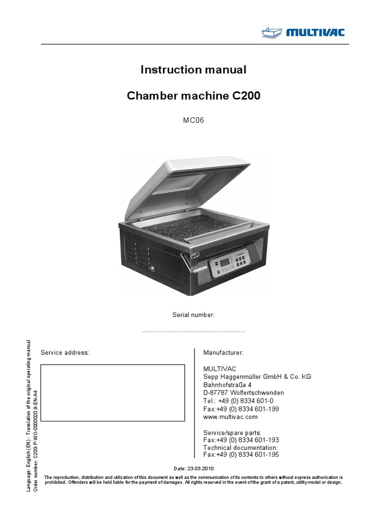Multivac C200 Instruction Manual | Personal Protective Equipment | Hygiene