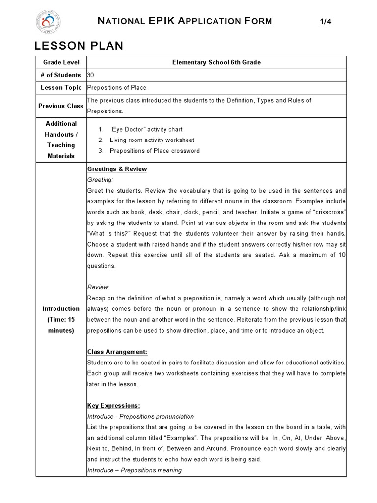 Lesson Plan Preposition | PDF | Question | Preposition And Postposition