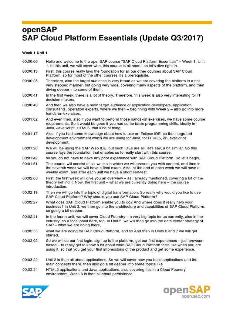 Opensap Cp1 2 Week 1 Transcript Pdf Cloud Computing Sap Se 