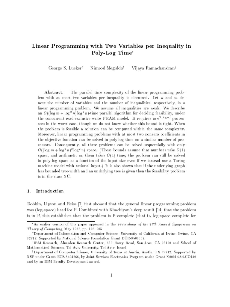Linear Programming With Two Variables Per Inequality in Poly-Log Time | PDF | Linear Programming ...