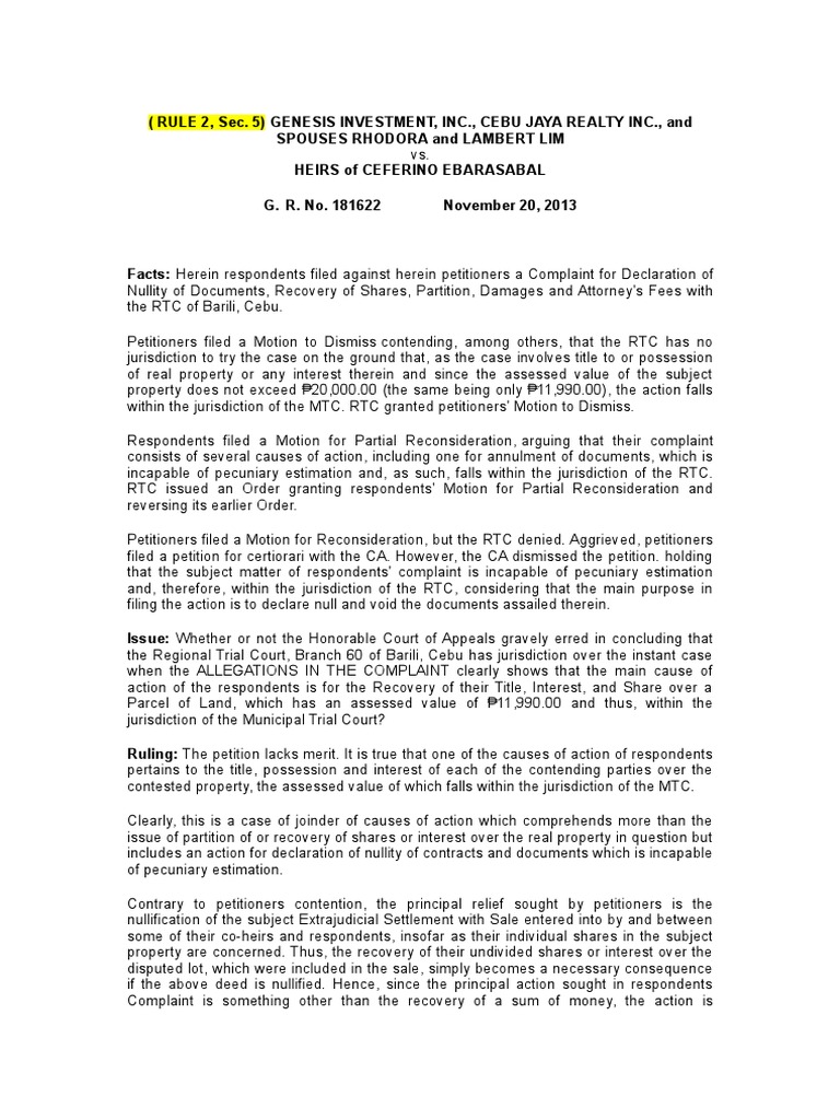 Genesis Investment Vs Heirs of Ebarasabal | PDF | Complaint | Courts