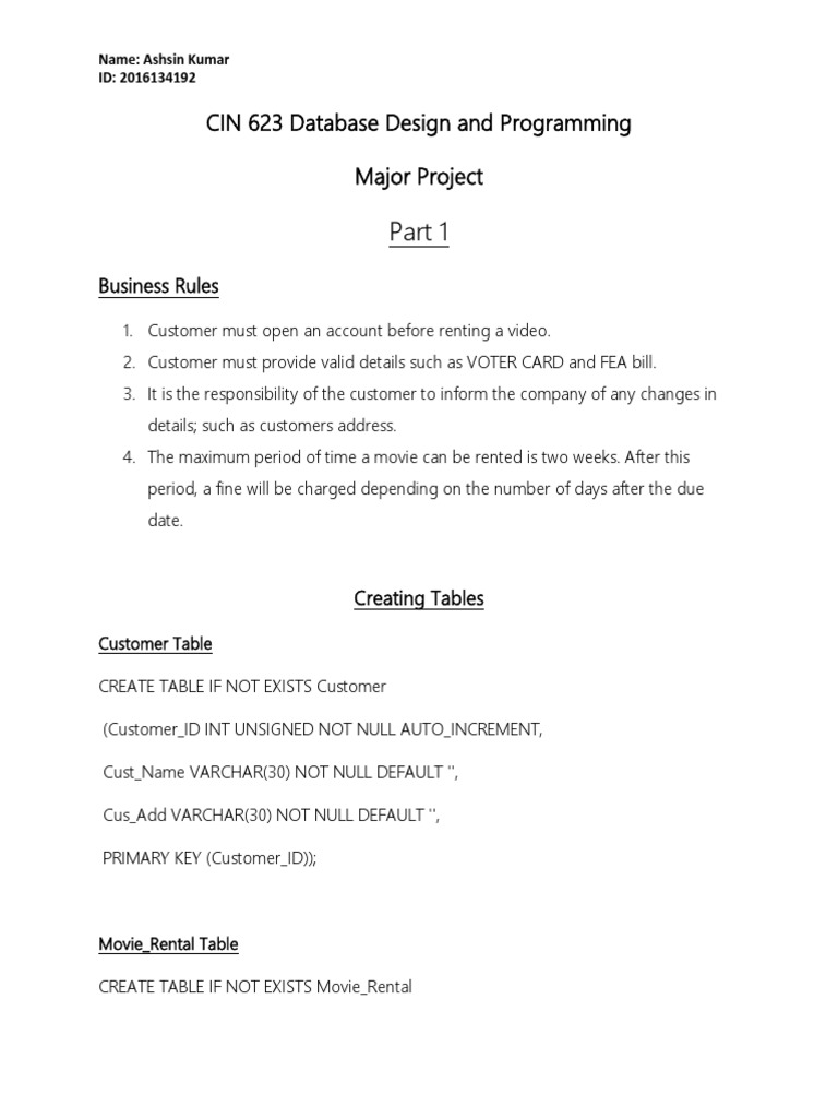 CIN 623 Database Design and Programming Major Project: Business Rules ...