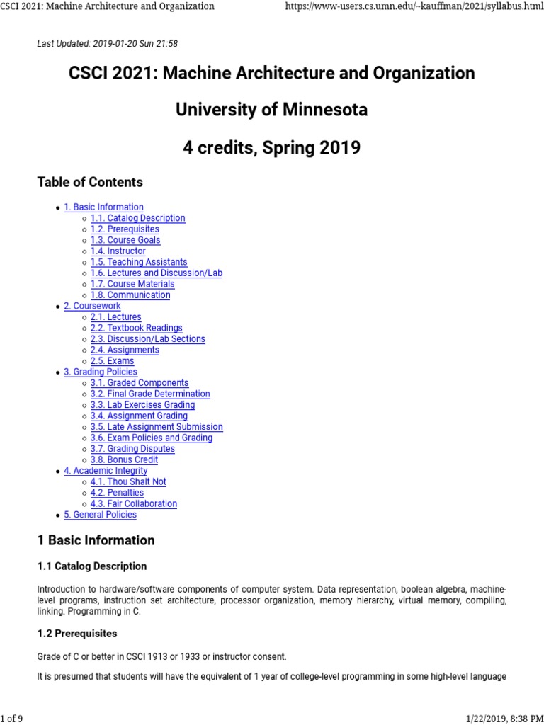 CSCI 2021: Machine Architecture and Organization University of Minnesota 4 Credits, Spring 2019 ...
