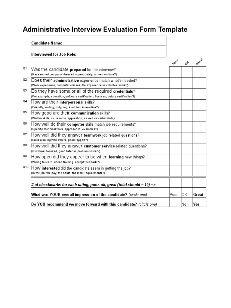 Administrative Interview Evaluation Form Template | PDF | Behavioural ...