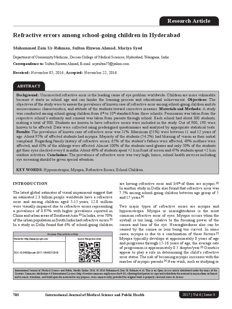 Refractive Errors Among School-Going Children in Hyderabad: Research Article | PDF | Visual ...