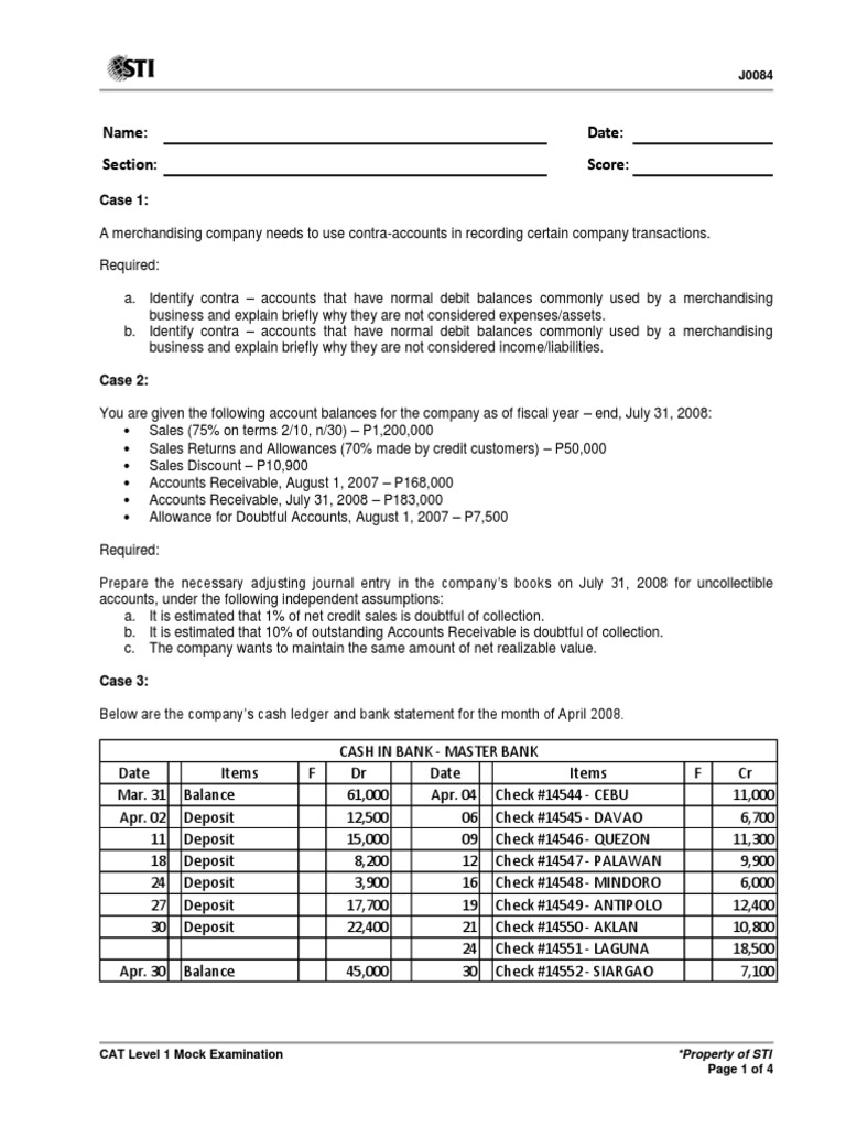 CAT Level 1 Mock Examination-1 | PDF | Debits And Credits | Services ...