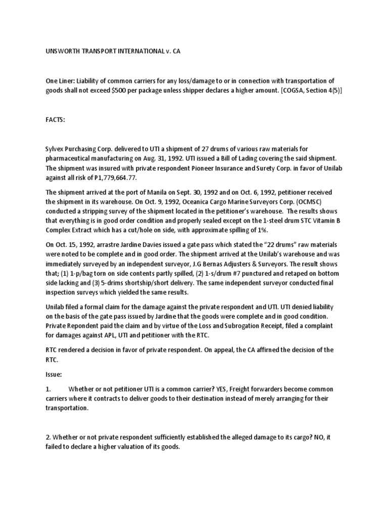 Unsworth Transport International v. CA | PDF | Cargo | Common Carrier