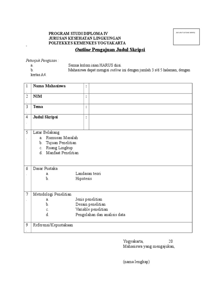Form Outline Pengajuan Judul Skripsi 2018 d4 Kesling | PDF
