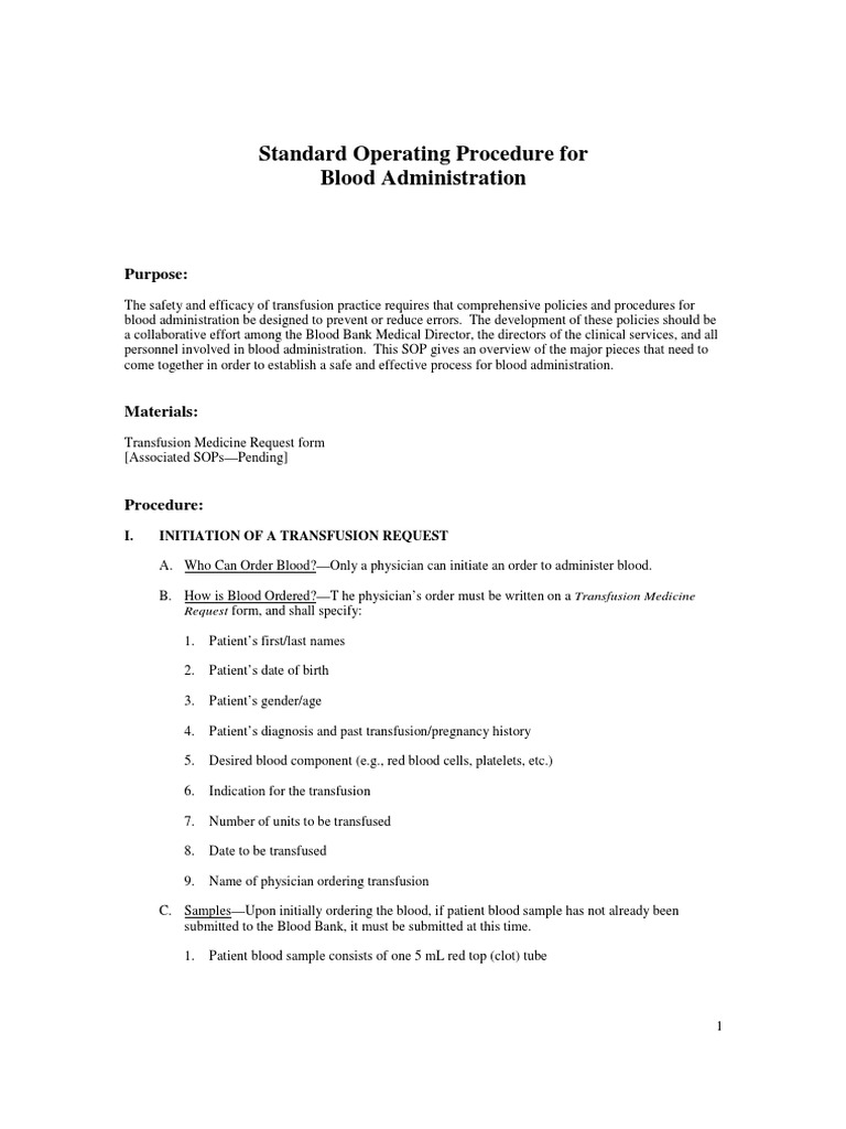 Blood Administration SOP Overview | PDF | Blood Transfusion ...