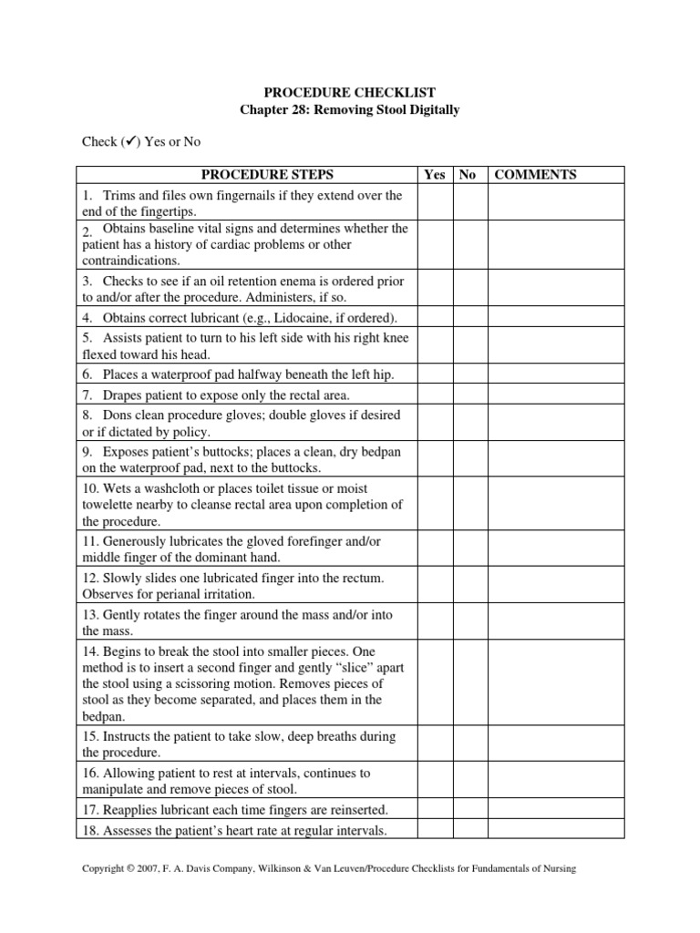 Procedure Checklist Chapter 28: Removing Stool Digitally | PDF | Rectum ...