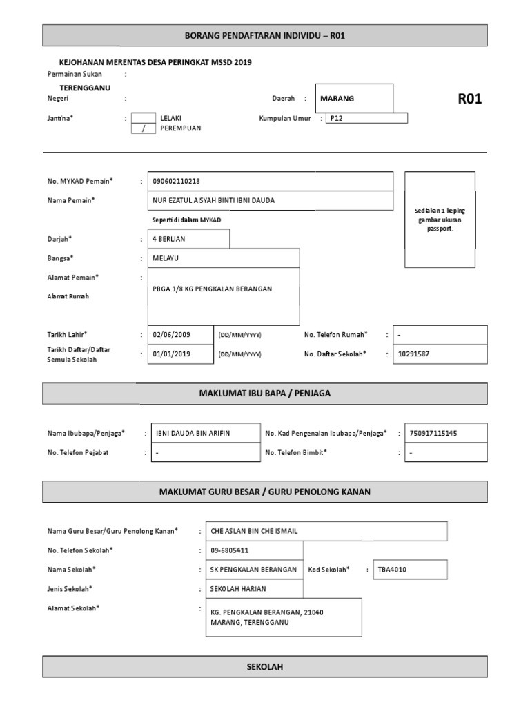 Borang Pendaftaran Individu - r01 Sekolah | PDF